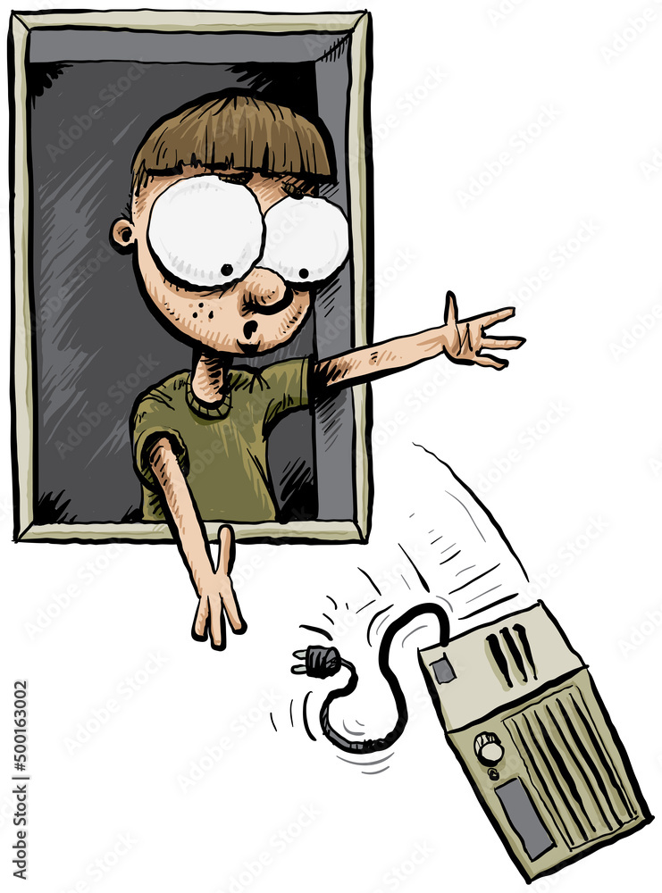 A cartoon boy is shocked when a window air conditioner falls and drops ...