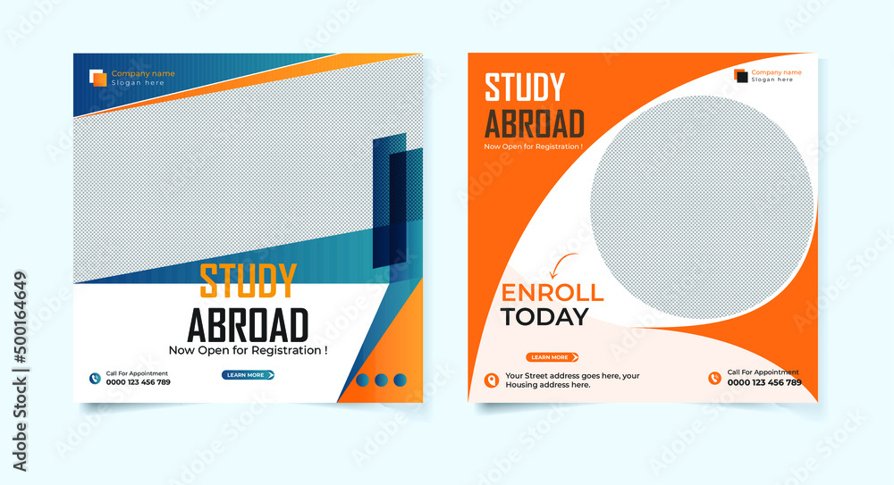 Modern study abroad social media post design template set Stock Vector ...