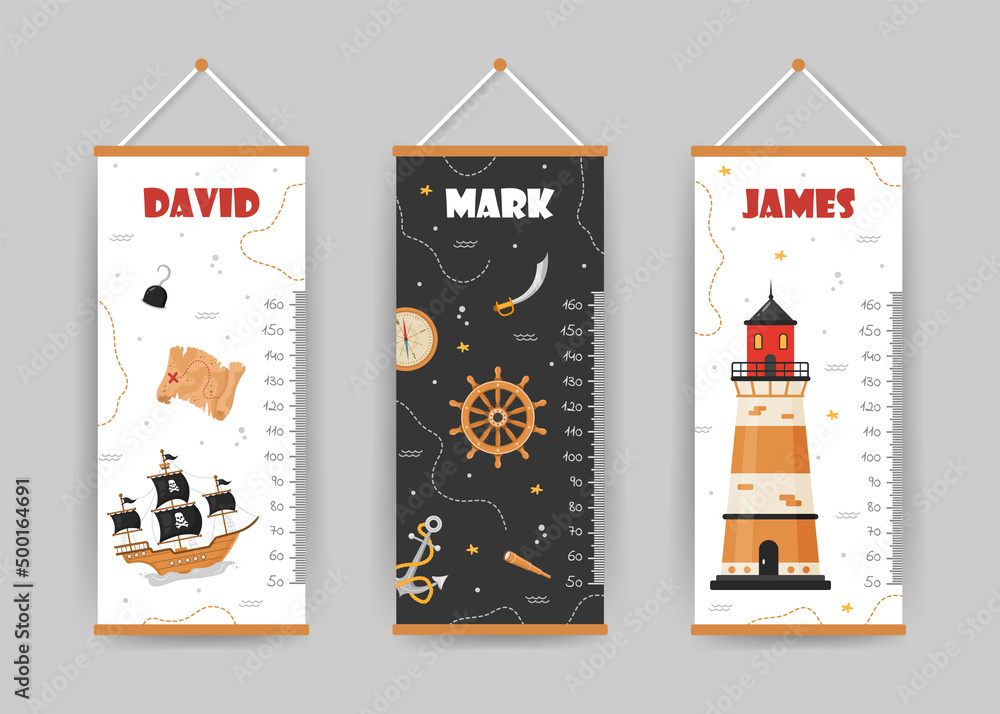 Kids height charts collection. Meter wall with pirate ship, lighthouse ...
