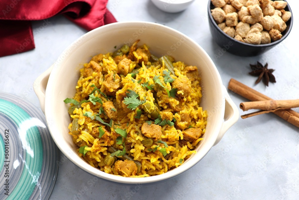Stockfoto Soya chunks Biryani. Basmati rice cooked with Soyabean or ...