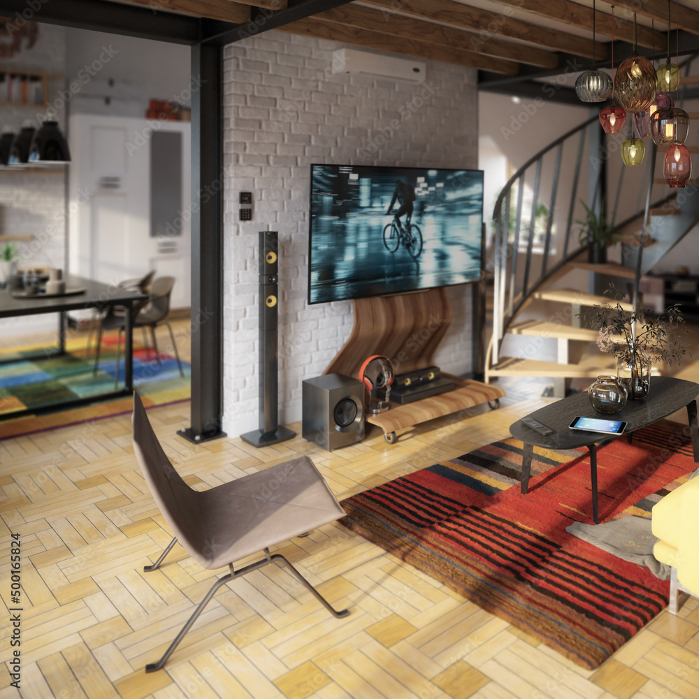 Attic Loft Conversion With TV Set & Living Room (focused) - 3d ...