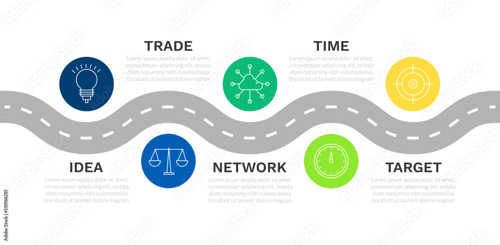 Roadmap timeline infographic design vector with icons. Horizontal row ...