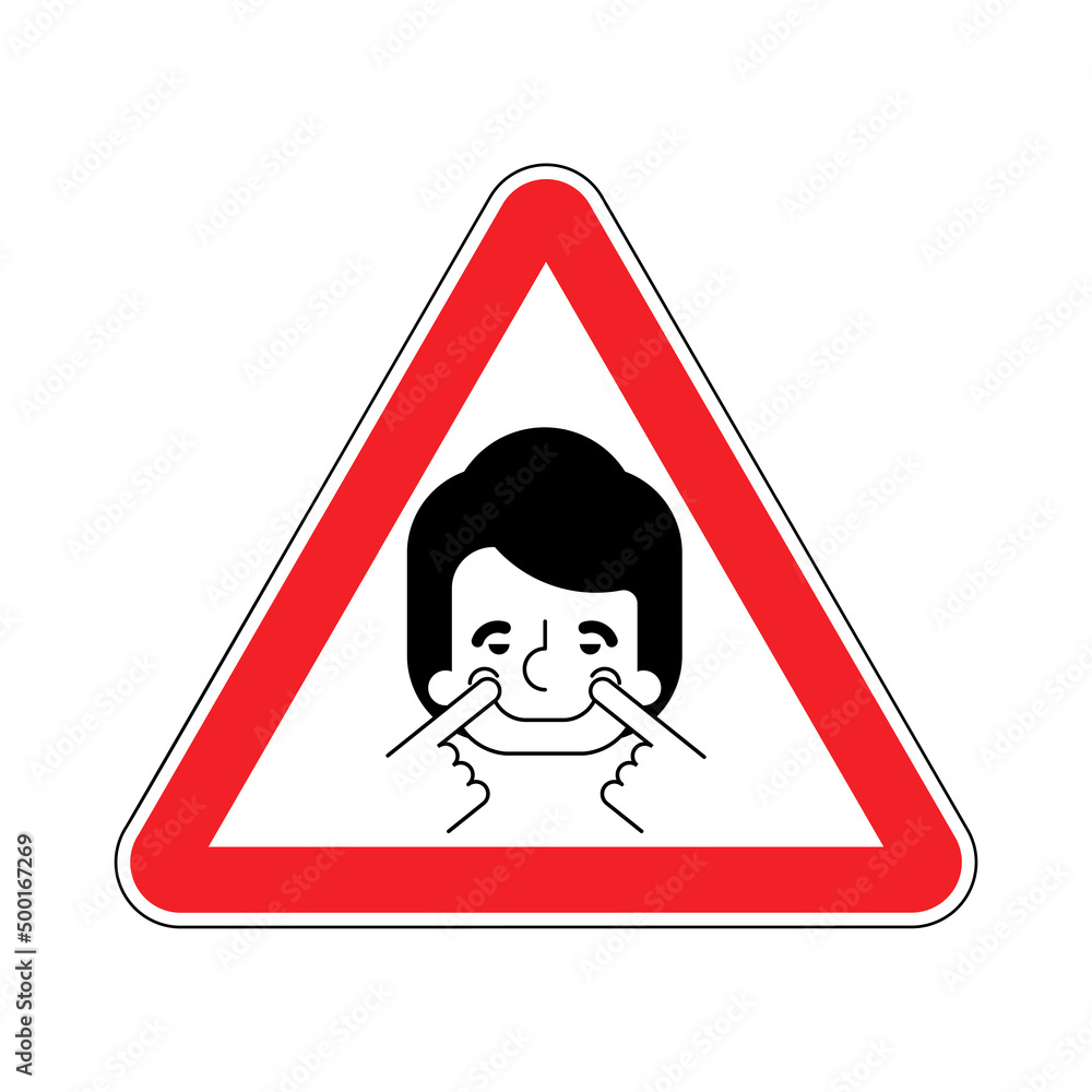 Attention Fake smile. Caution counterfeit joy. Warning red road sign ...