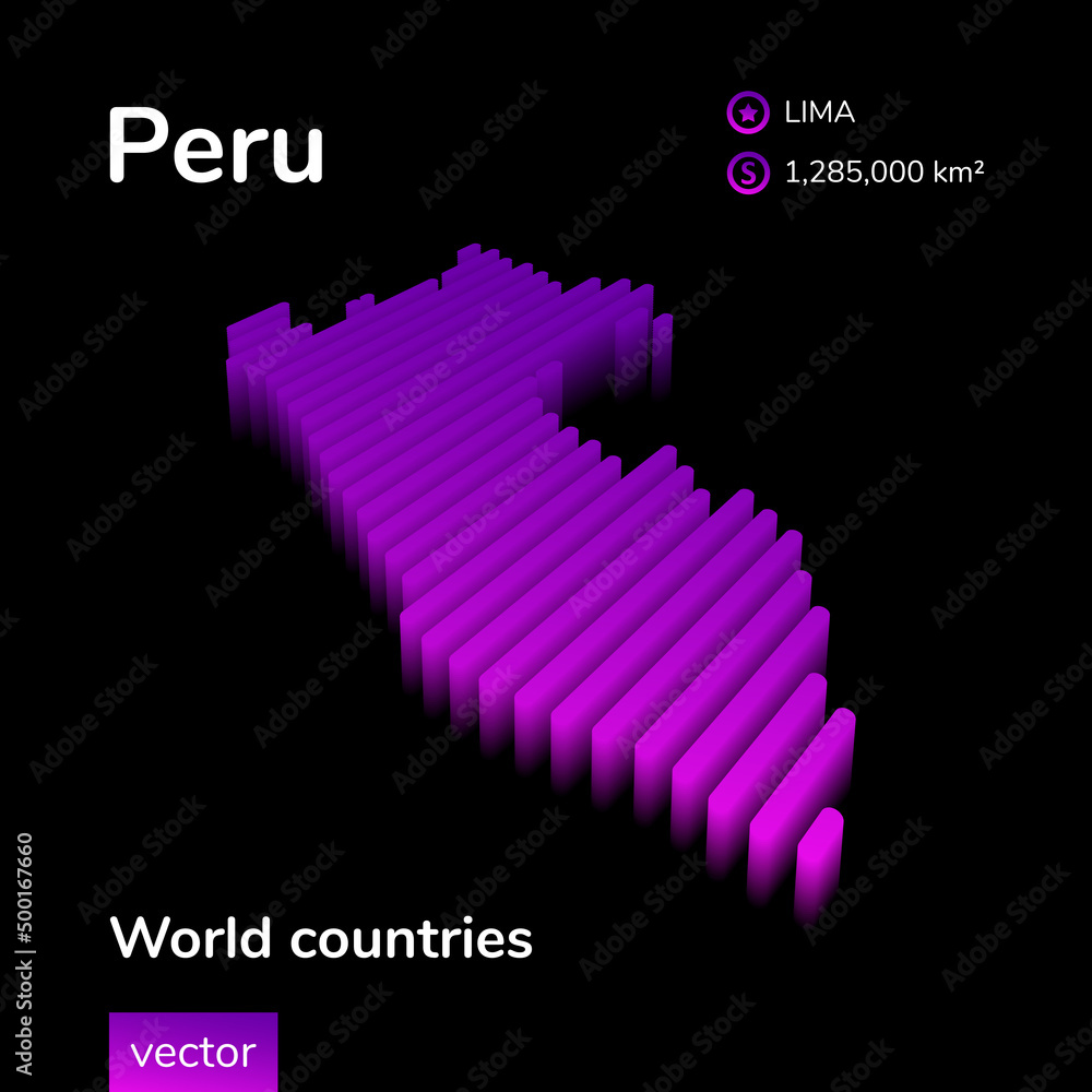 Peru 3D map. Stylized neon simple digital isometric striped vector Map ...