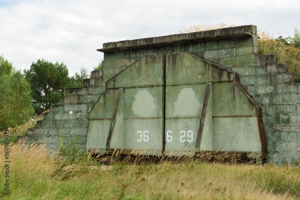 Abandoned cold war Soviet era concealed military aircraft hangar, Mimoň ...