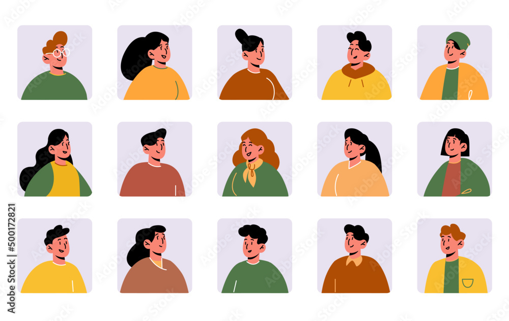People avatars, square icons with faces of young and adult male and ...
