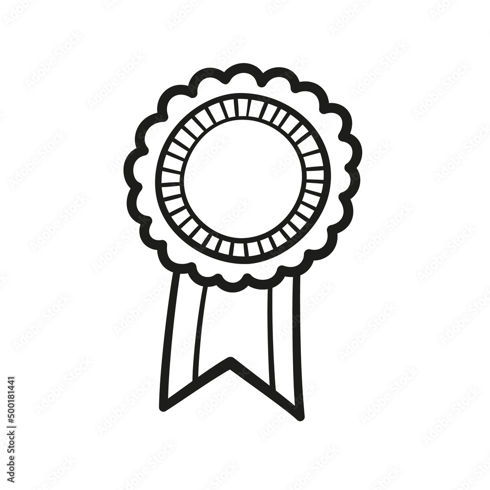 Award rosette doodle icon. Hand drawn medal with first place as winner ...