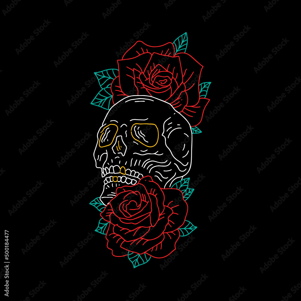 skull with flower line art illustration vintage Stock Vector | Adobe Stock