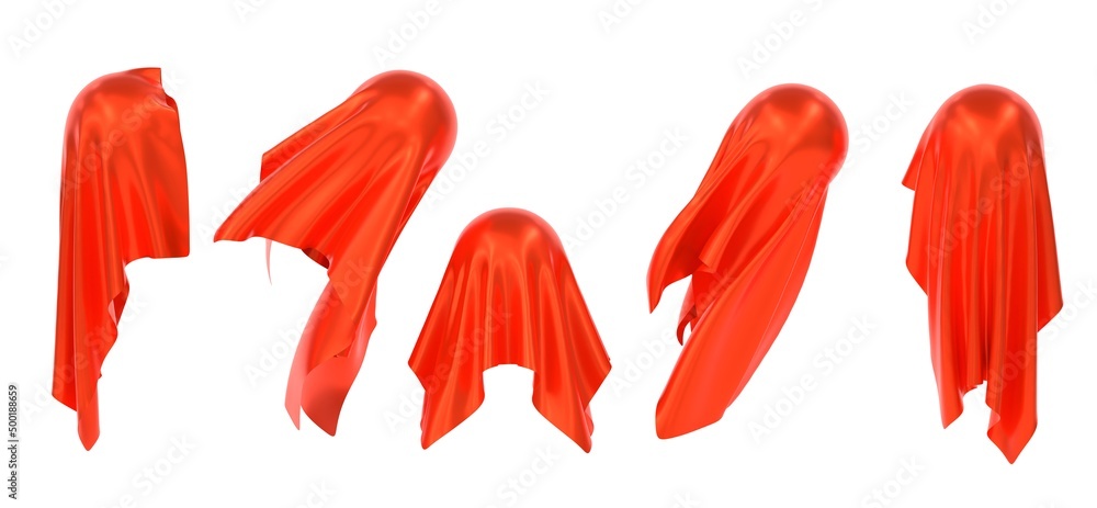 3D Sphere covered red silk cloth. Realistic set of balls hidden under ...