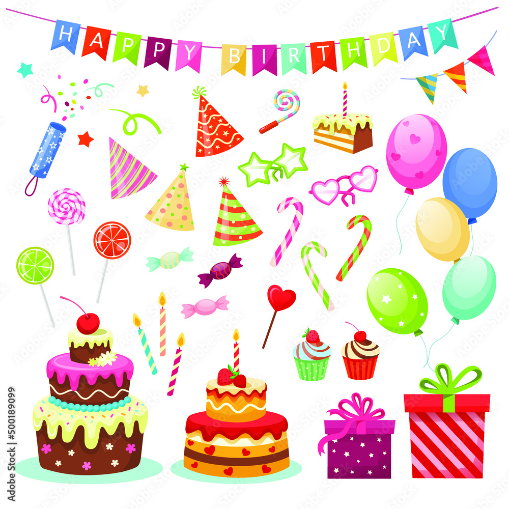 Birthday party decorations. Cartoon holiday elements set. Flags or ...