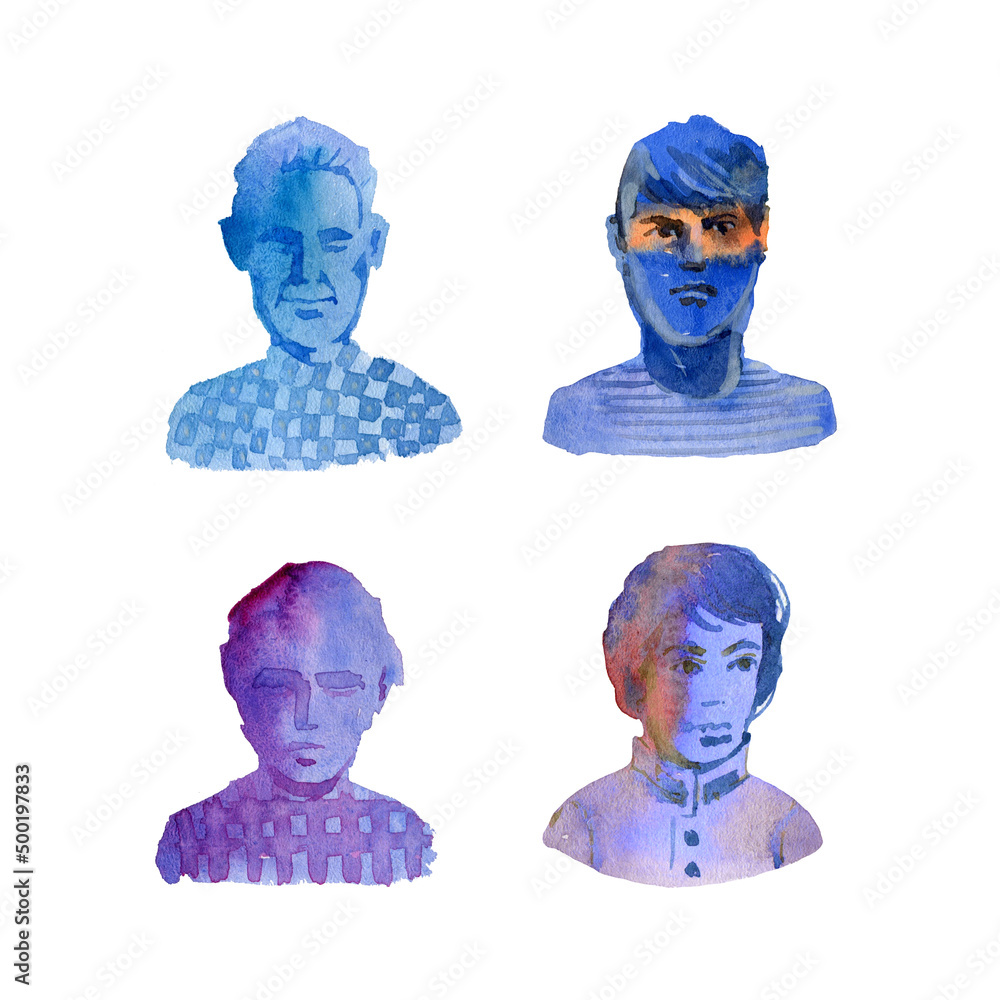 Watercolor set of 4 different portraits of men. Illustrations of men ...