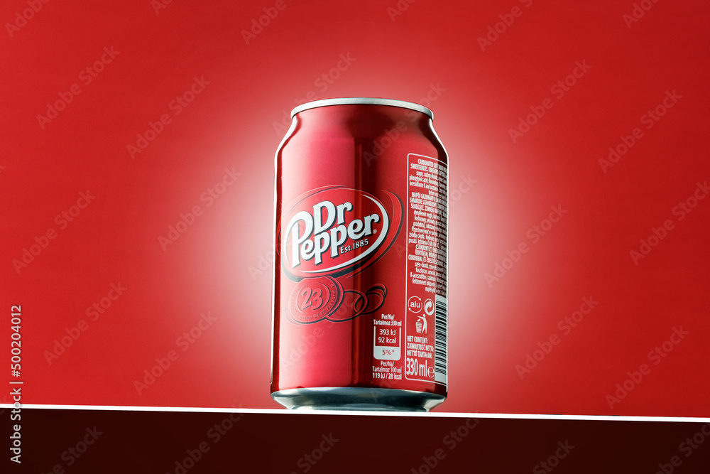 Can of Dr Pepper soft drink. Dr Pepper is a soft drink marketed as ...