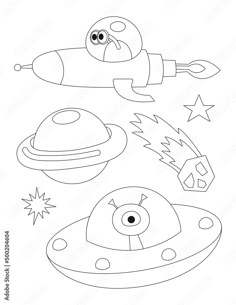 Space coloring page printable for children. Preschool Space. UFO, alien ...