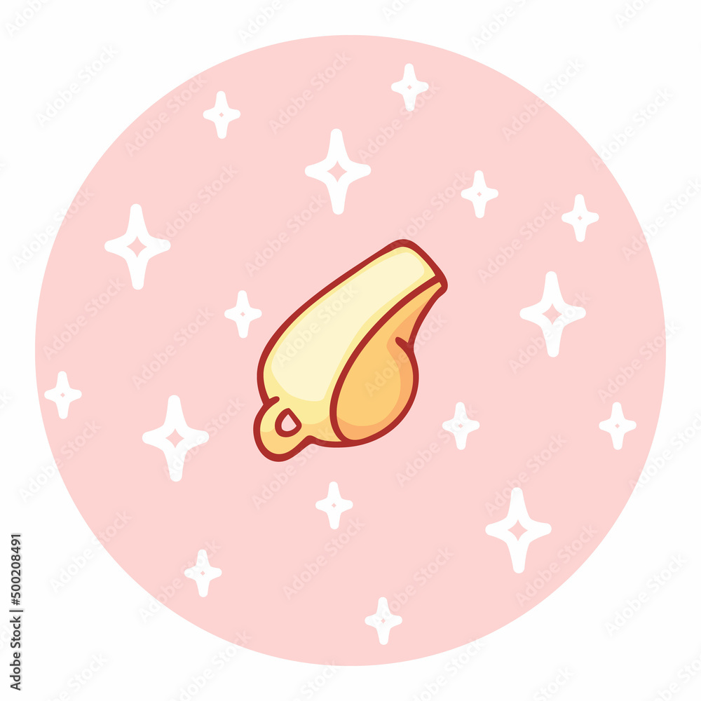 Cute hand-drawn coach's whistle in doodle cartoon style. Round ...