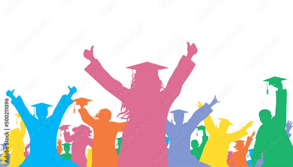 Happy graduates in graduation academic caps. Cheerful people, color ...