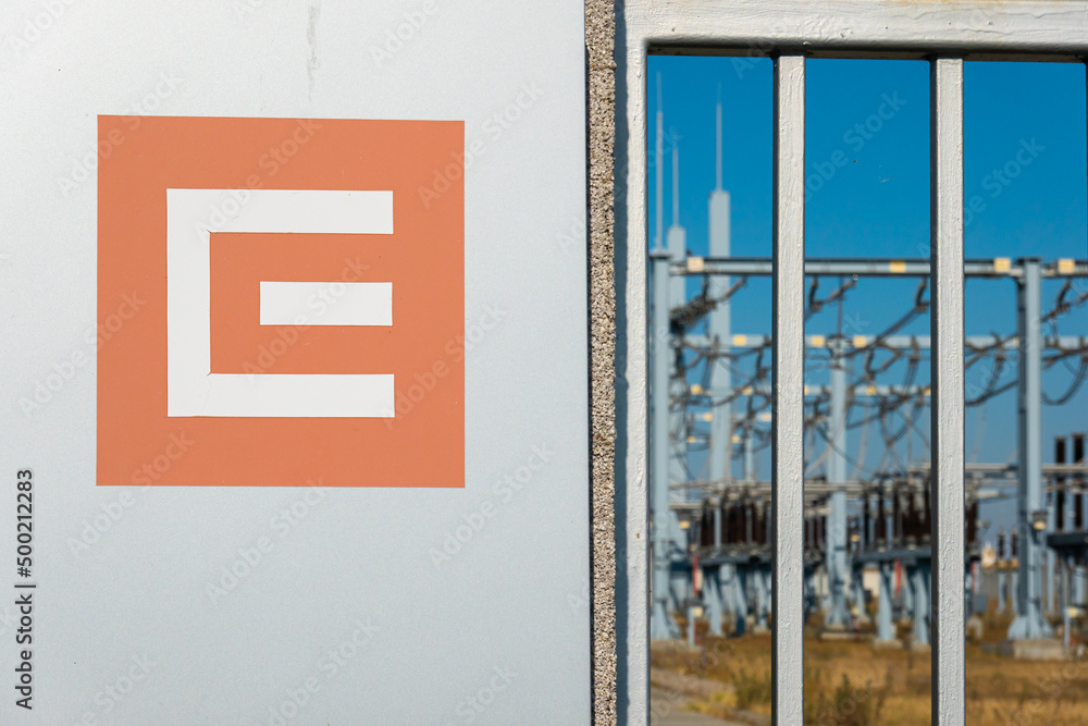 The logo sign of CEZ Group energy company on the wall of an electrical ...