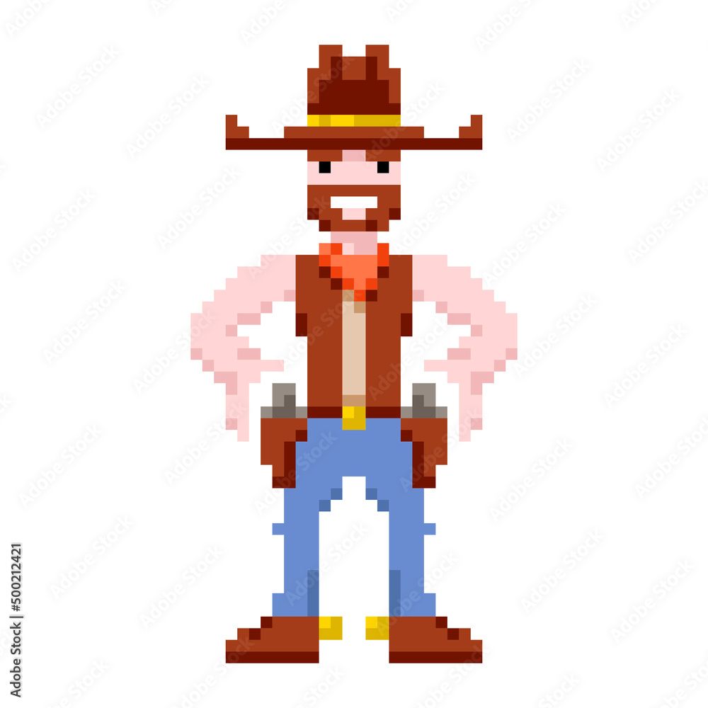 Pixel art cowboy holding a gun. Gunslinger with a beard vector ...