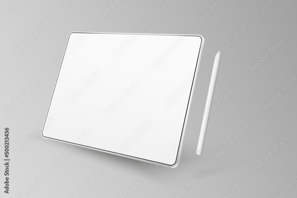 Empty tablet and pen on a light background. Device in perspective view ...