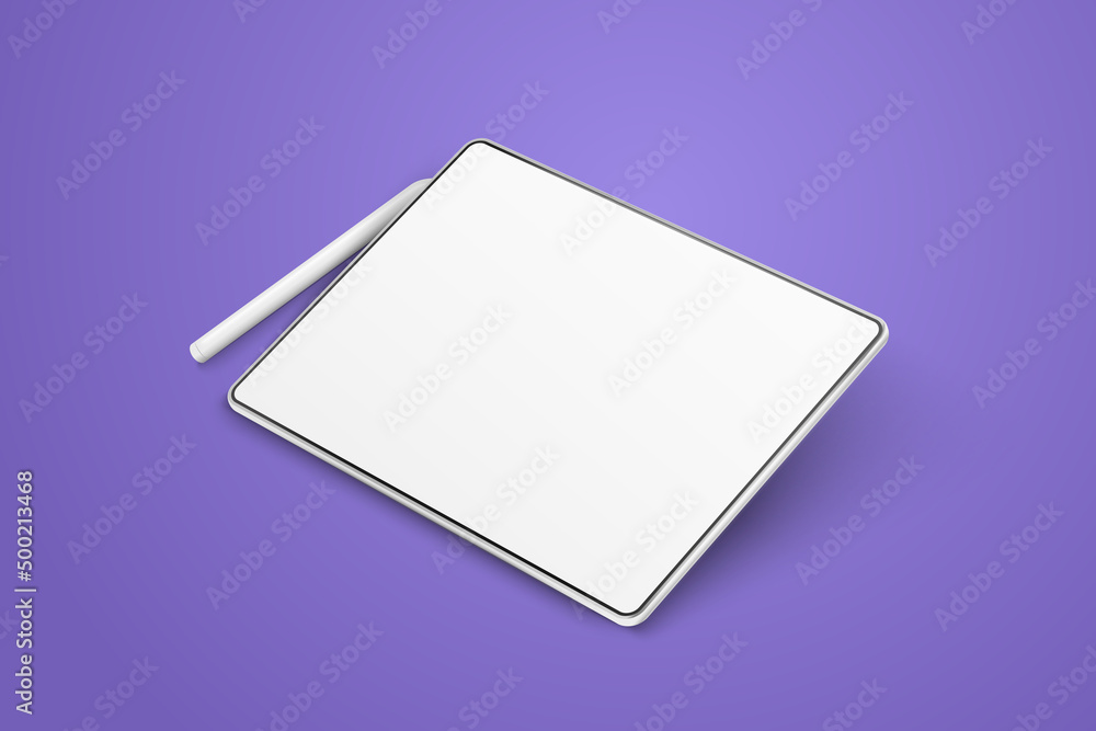 Empty tablet and pen on a violet background. Device in perspective view ...