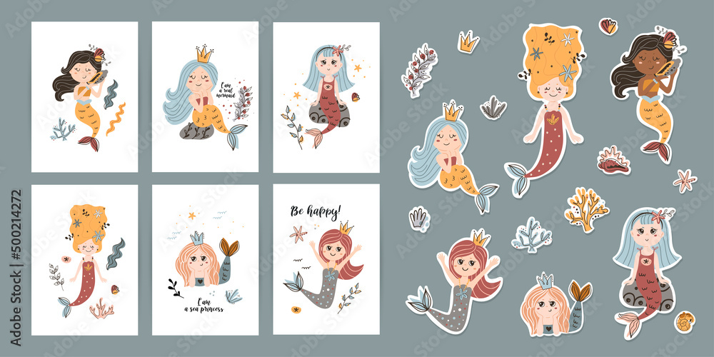 Set of posters with motivational phrases, stickers with mermaids Stock ...