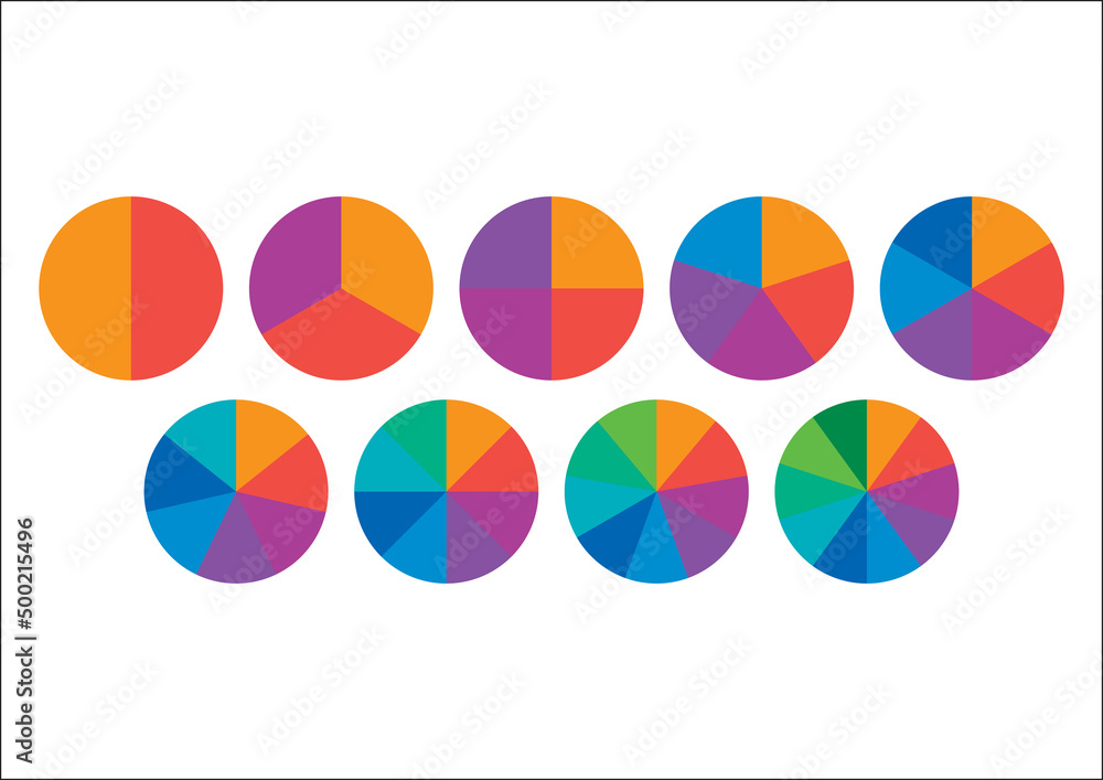 2 steps-10 steps colorful cake slices. round pie charts. nine step pie ...
