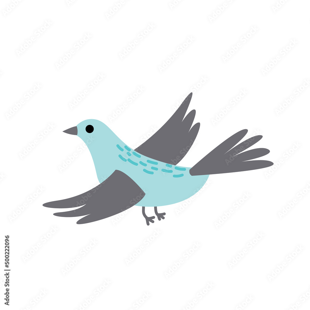 Flying bird. Blue bird, grey wings. Flight. Flat, cartoon, isolated ...