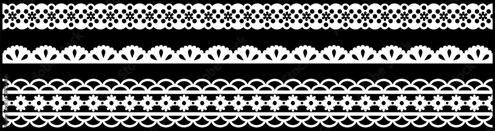 Set of wide lace ribbons with print. Black design elements isolated on ...