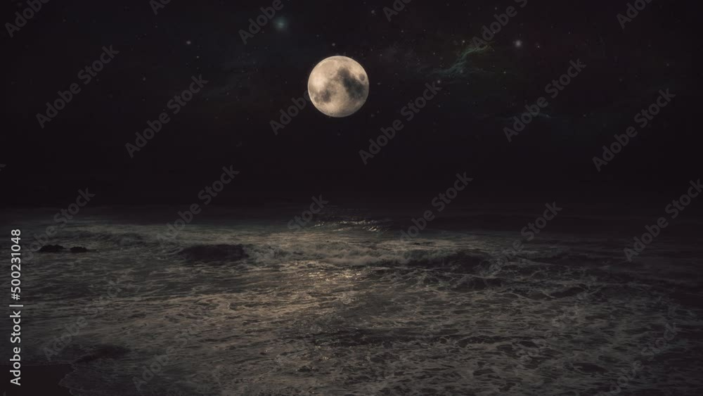 Full Moon Glow Ocean Waves Beach Shore, Moonlight Concept. Full moon ...