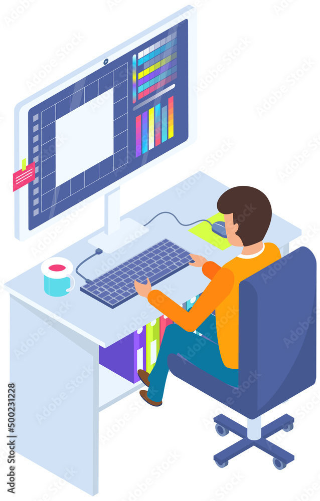 Graphic designer learning program software painting on computer. Work ...