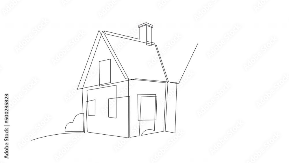 Self drawing animation of Cottage house. Rural landscape continuous one ...