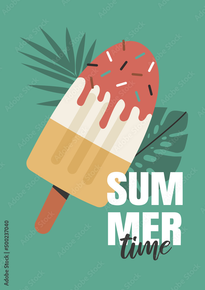 Summer poster with ice cream and tropical leaves.Summer time card in ...