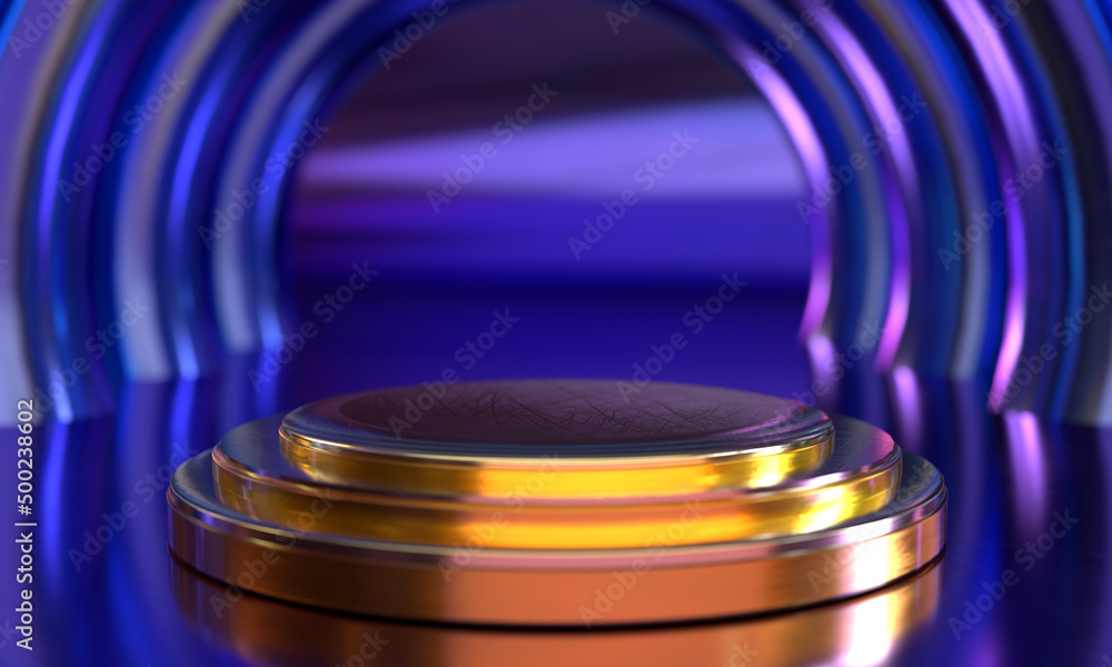 Triple gold cylinder pedestal podium with neon circle column design on ...