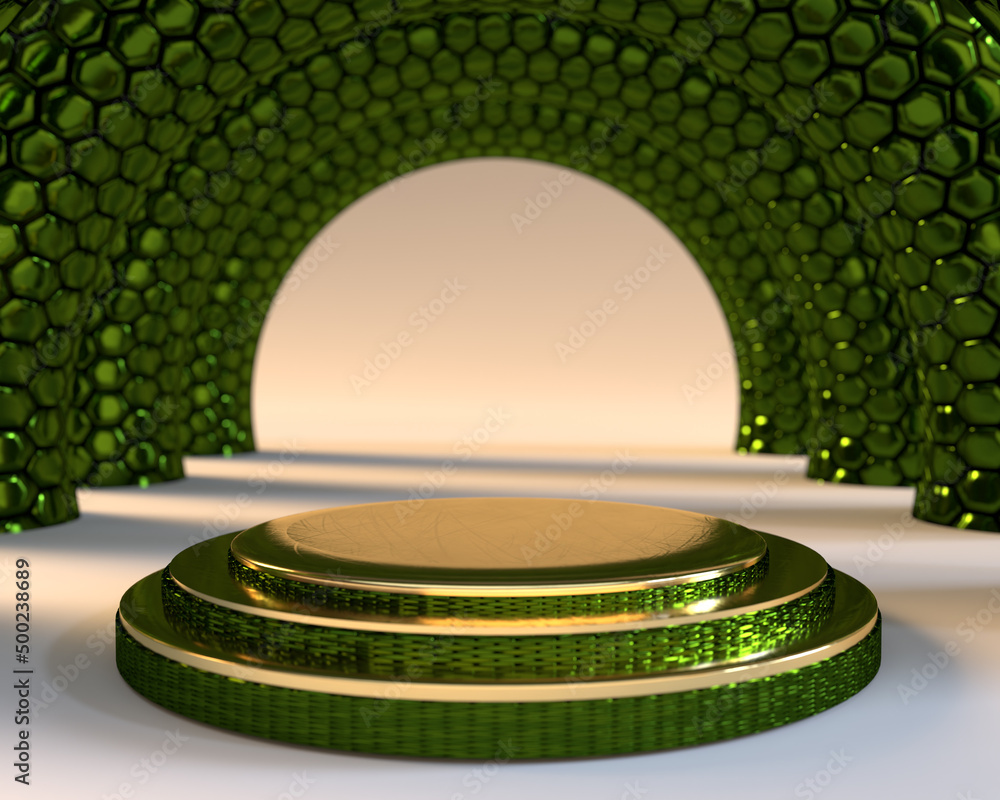 Triple gold cylinder pedestal podium with green neon honeycomb circle ...