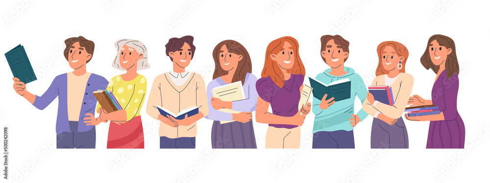 Cartoon book readers characters, people group reading books. Person ...