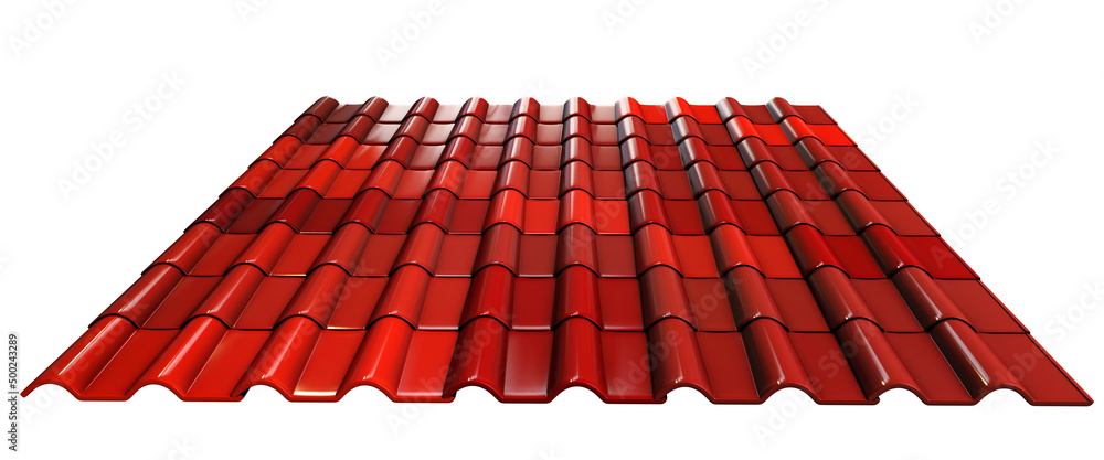 Red metal roof for house. New housetop close-up. Red roof isolated on ...