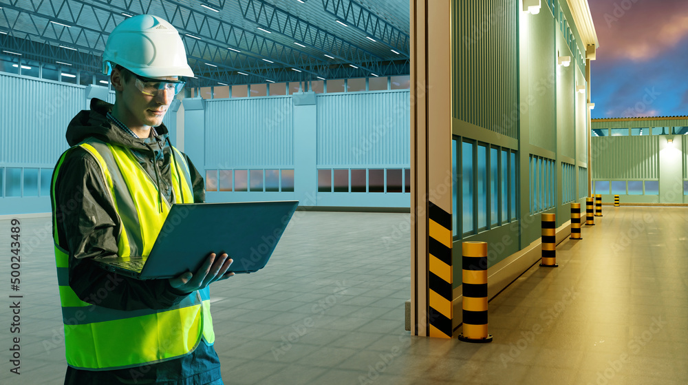 Warehouse design. Man with laptop next to empty warehouse. Builder ...