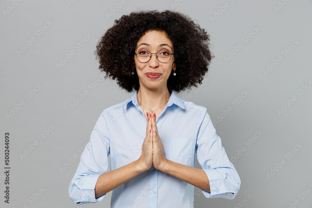 Young employee business corporate lawyer woman of African American ethnicity in classic formal ...