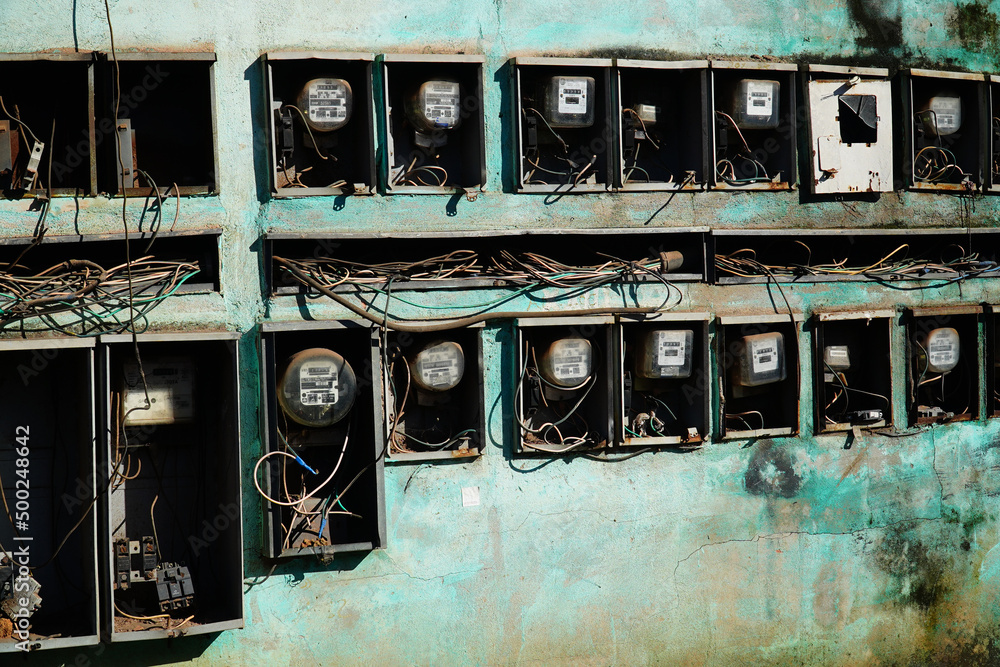Old electricity meters in a small village in Amazonas, Brazil ...