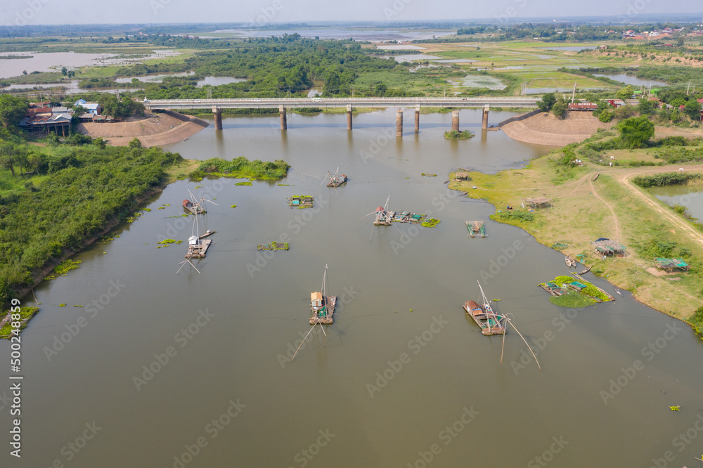 Floating house at Kampong Cham floating village within Kampong Cham ...