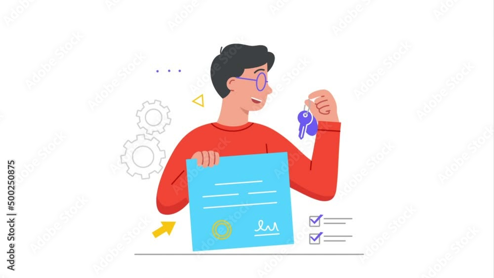 Business documents video concept. Young moving man holds signed real ...