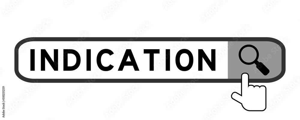 Search banner in word indication with hand over magnifier icon on white ...