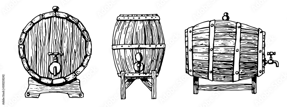 Old Vintage Oak Wooden Barrels With Beer Or Wine Vector Hand Drawn