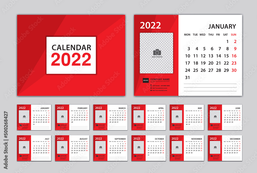 Calendar 2022 template and red cover design, Desk Calendar 2022 year ...
