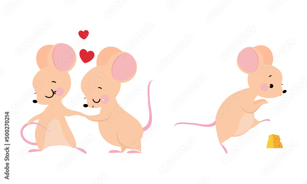 Cute adorable mice in different actions set. Couple of mouse in love ...