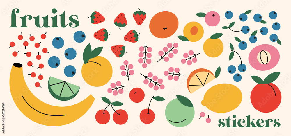 Set of drawn fruit stickers. Drawing style. Various colorful fruits for ...