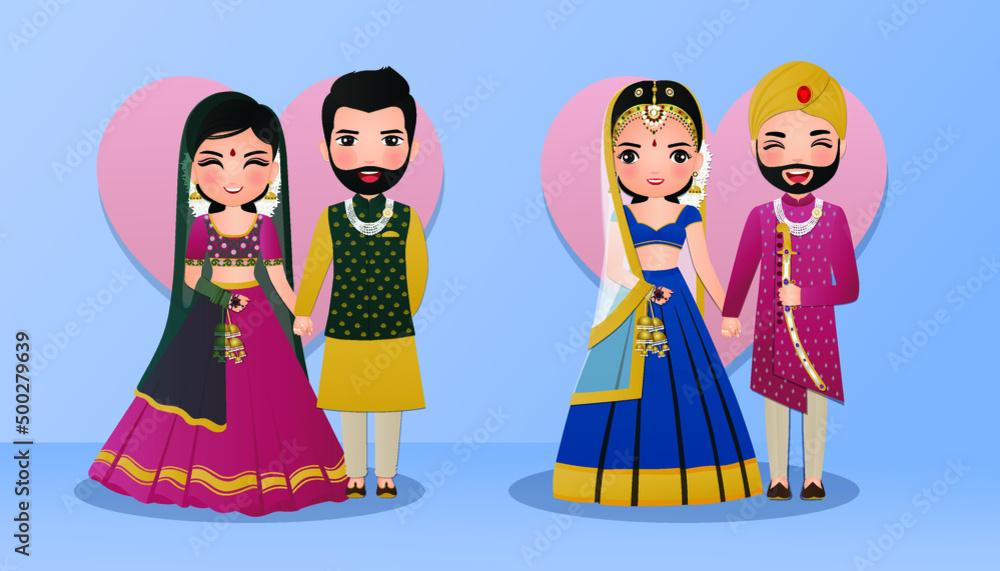 Set of Cute couple in traditional indian dress cartoon characters bride ...