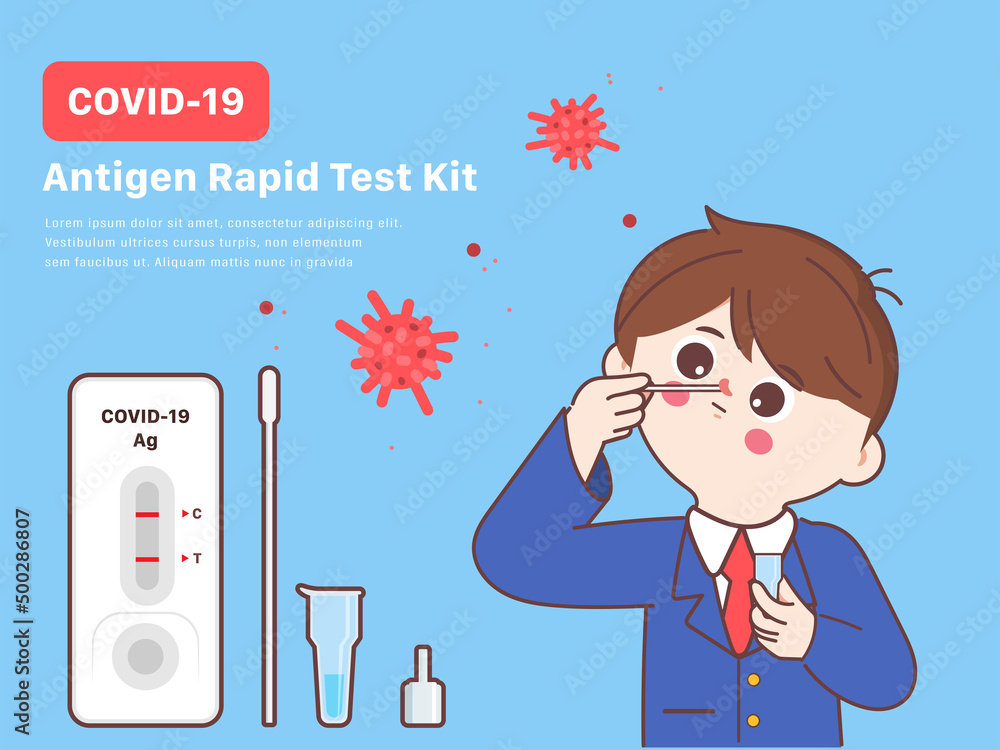 Cute man in japan student using covid-19 antigen test kit. Self ...