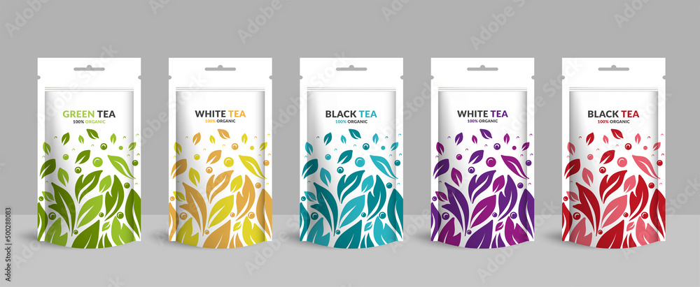Tea packaging design with zip pouch bag mockup. Vector ornament ...