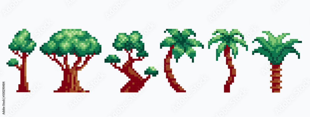 Tropical, jungle trees pixel art set. Coconut, banana palms collection ...