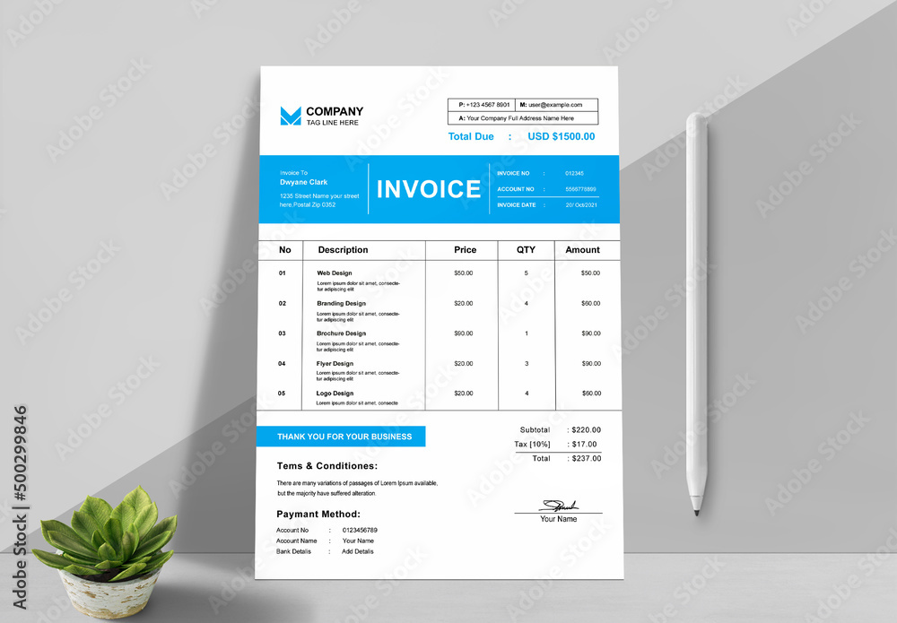 Invoice Layout with Blue Accents Stock Template | Adobe Stock
